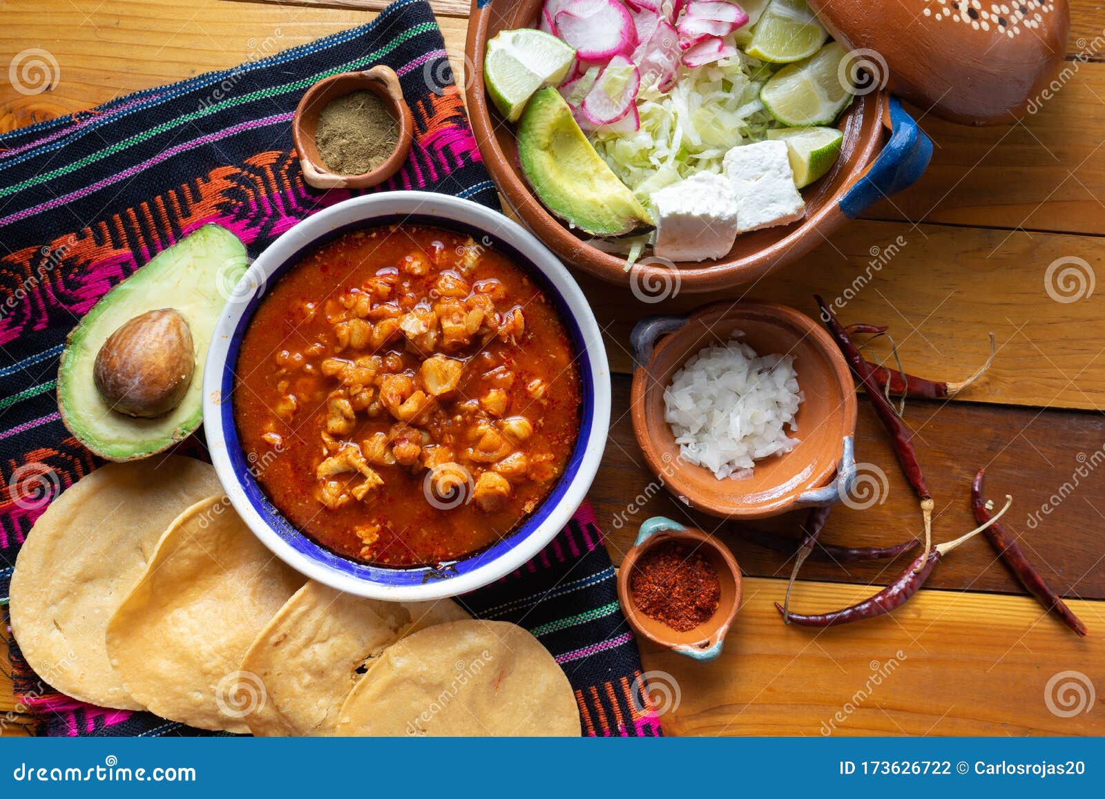 Mexican red pozole soup stock photo. Image of cheese - 173626722