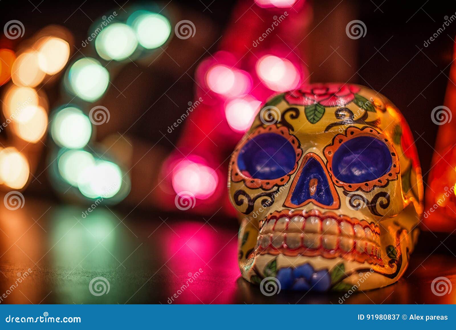 A Mexican Skull Lit by Multi Colour Lights Stock Image - Image of ...