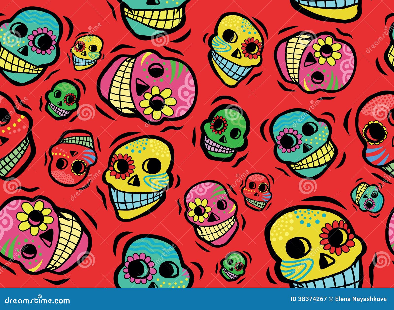 Mexican Skulls Seamless Pattern Stock Illustration - Illustration of ...