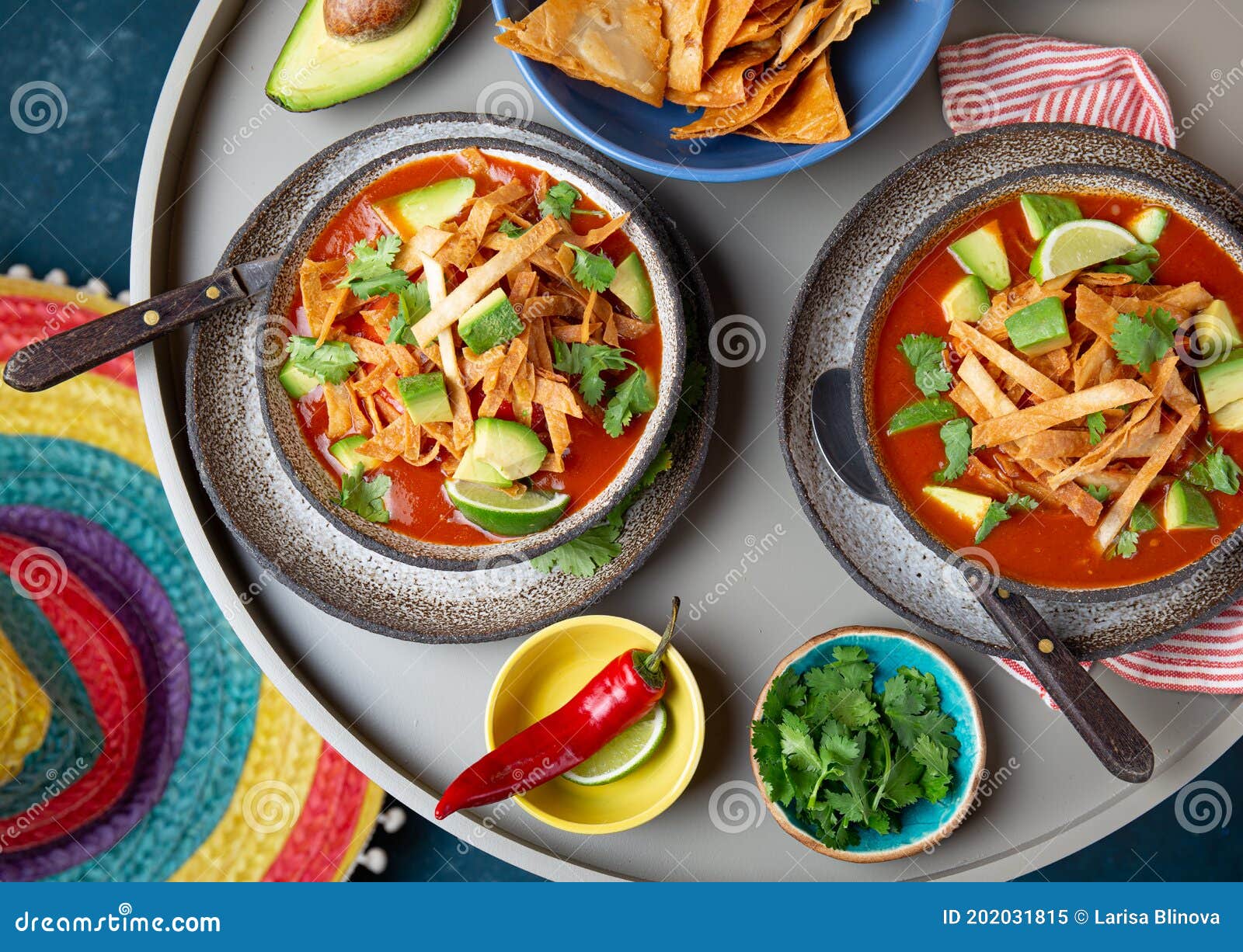 Mexican Style Table with Spicy Aztec Soup with Tortilla. Copy Space ...