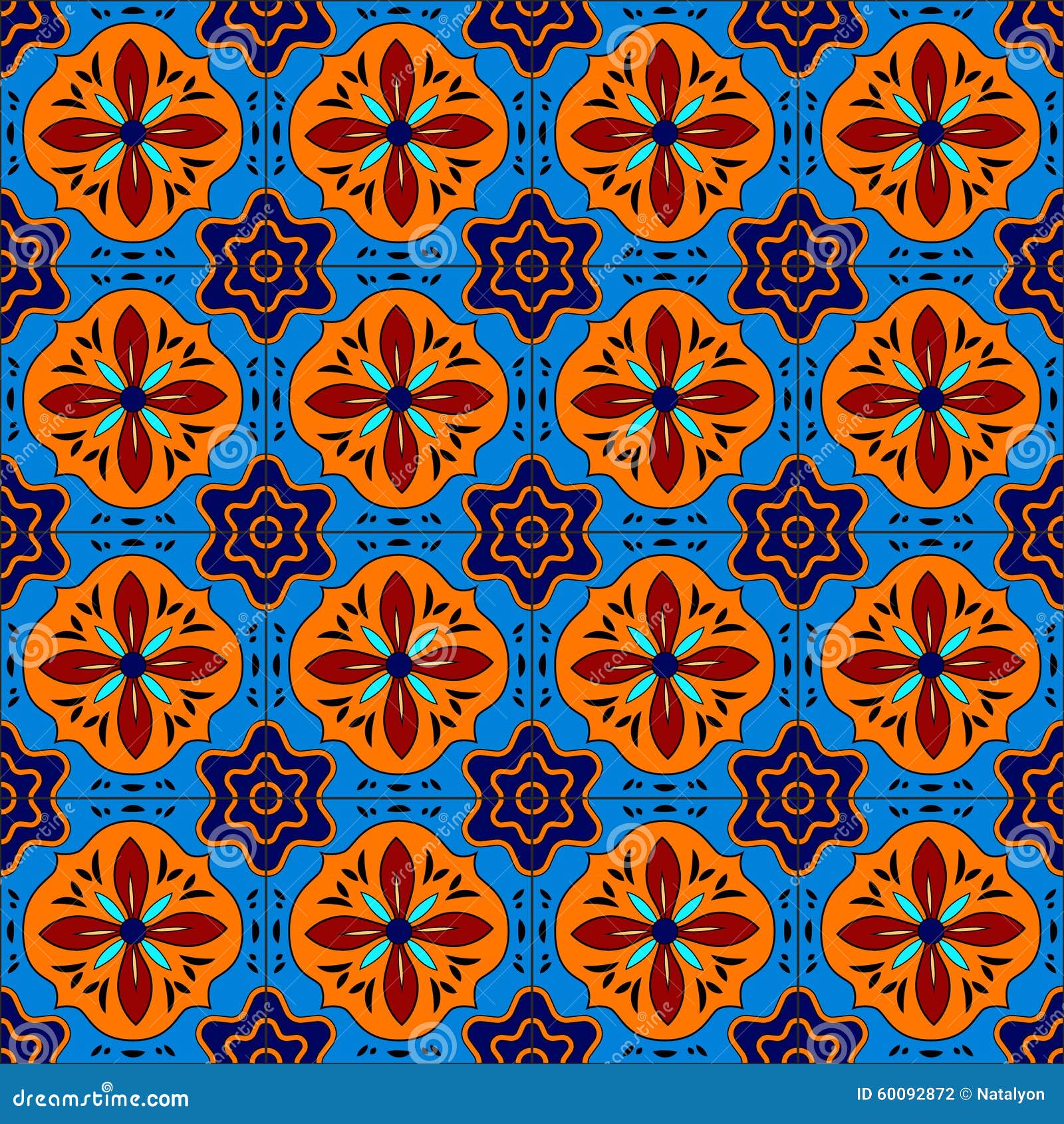 Mexican Stylized Talavera Tiles Seamless Pattern In Blue Red And Yellow ...