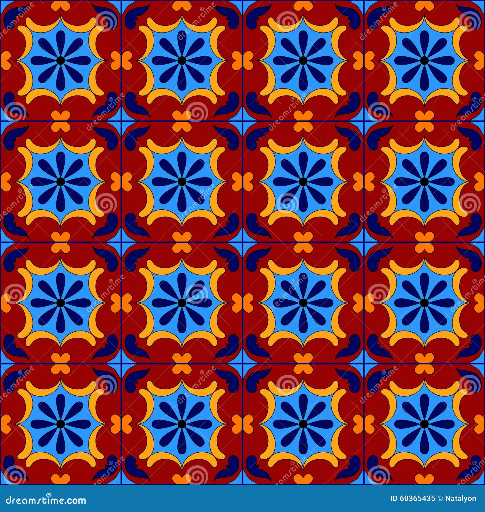 Mexican Stylized Talavera Tiles Seamless Pattern In Blue Red And Yellow ...