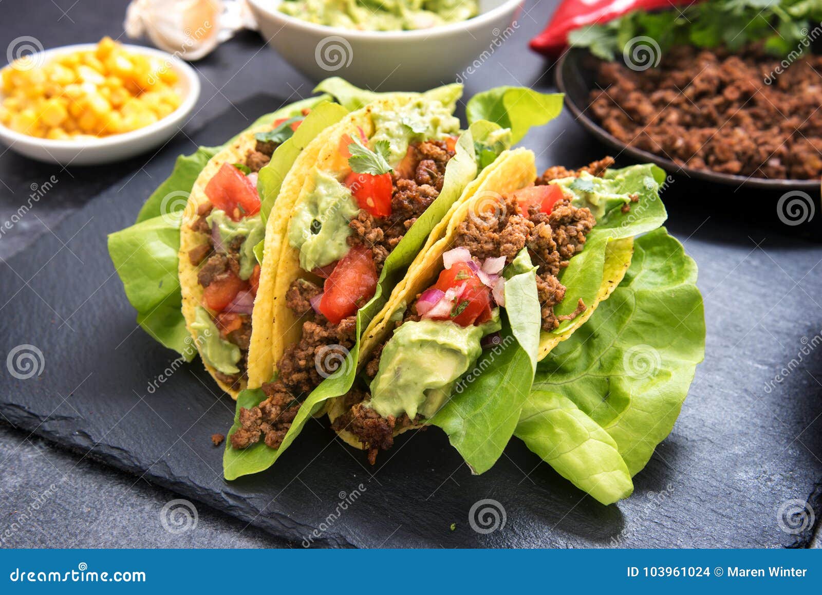 Mexican Taco Corn Shells Stuffed with Fried Ground Beef, Tomato Stock ...