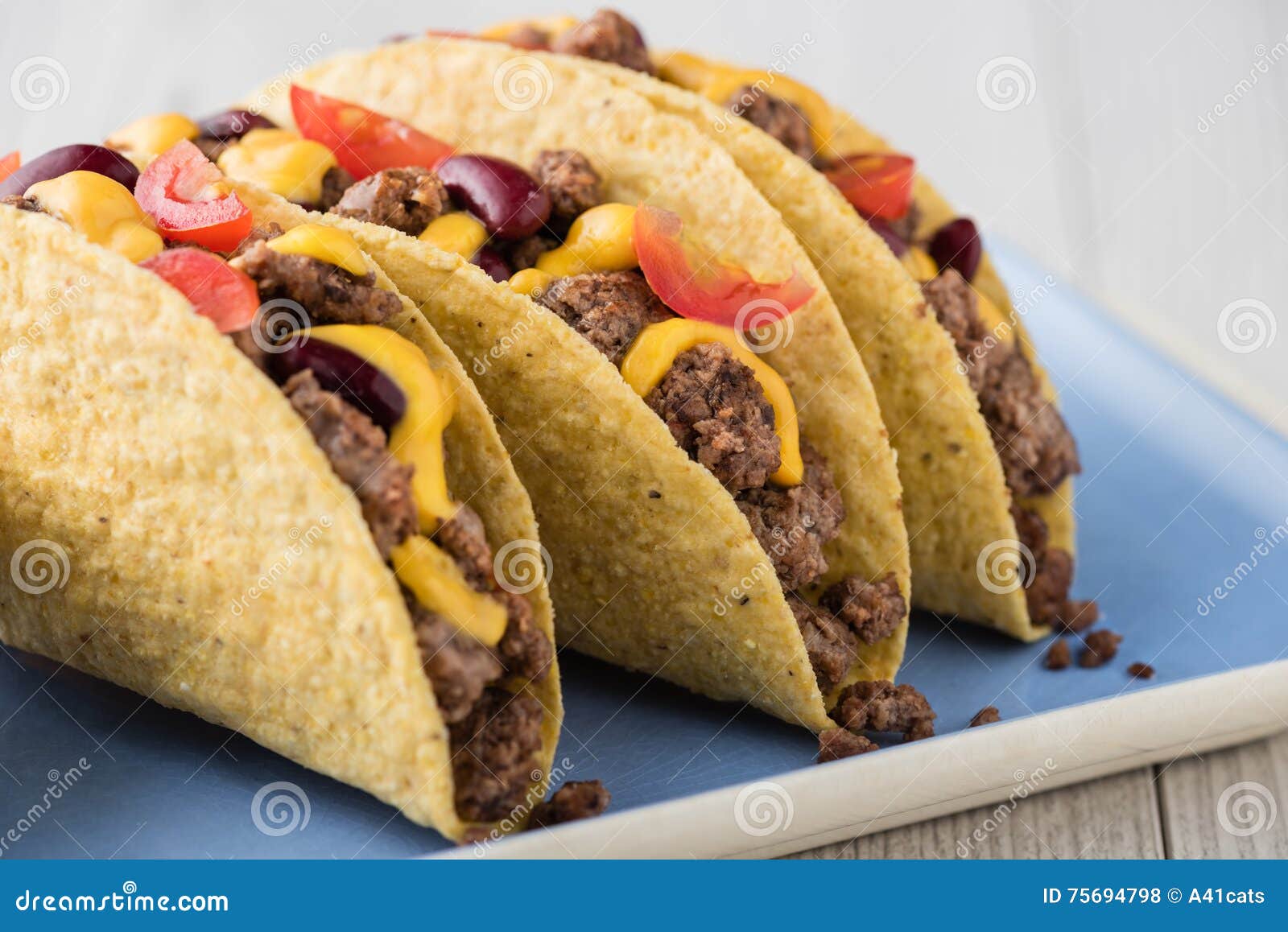 Mexican Tacos with Beef, Cheddar Cheese, Tomato Stock Photo - Image of ...
