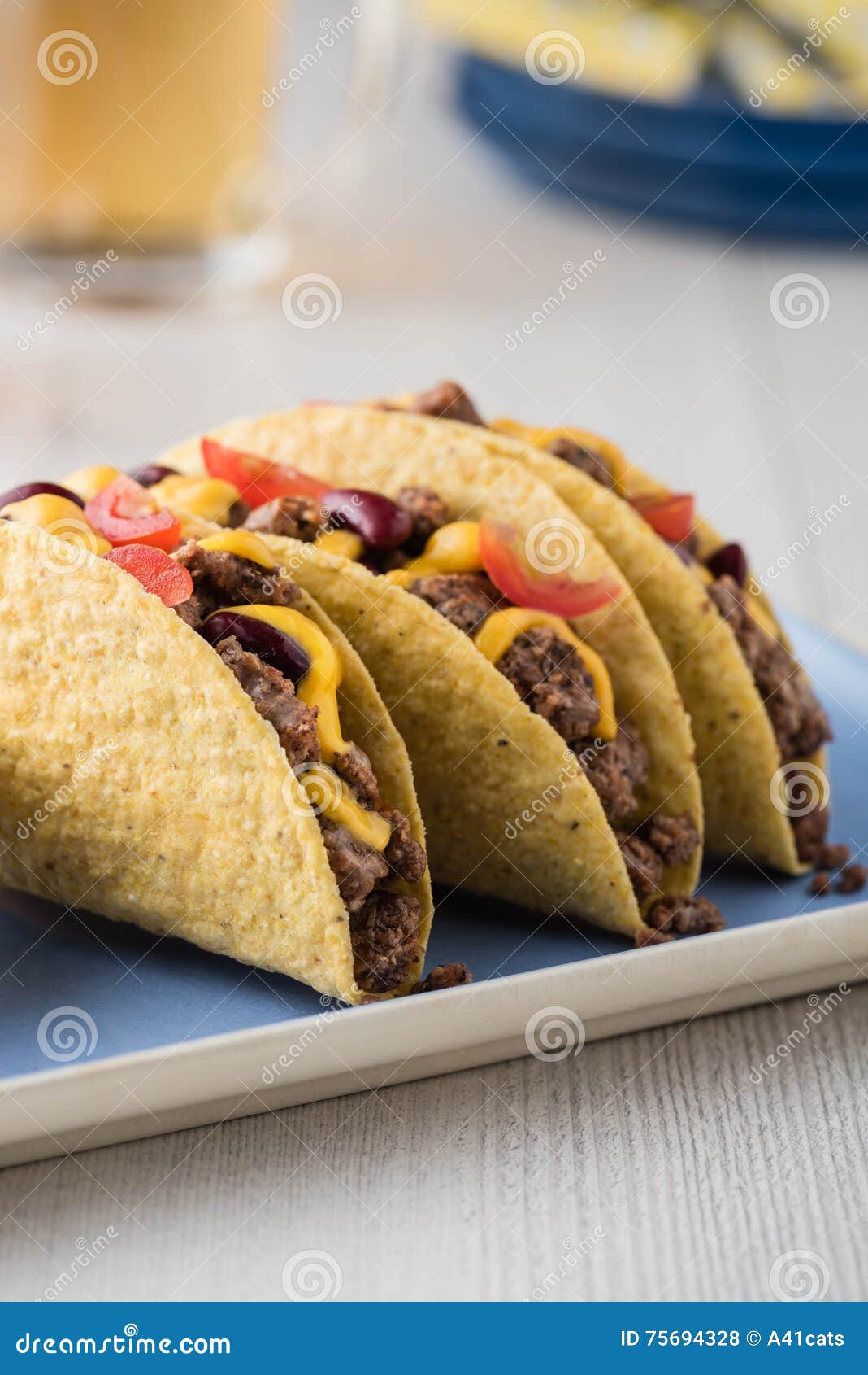 Mexican Tacos with Beef, Cheddar Cheese, Tomato Stock Photo - Image of ...