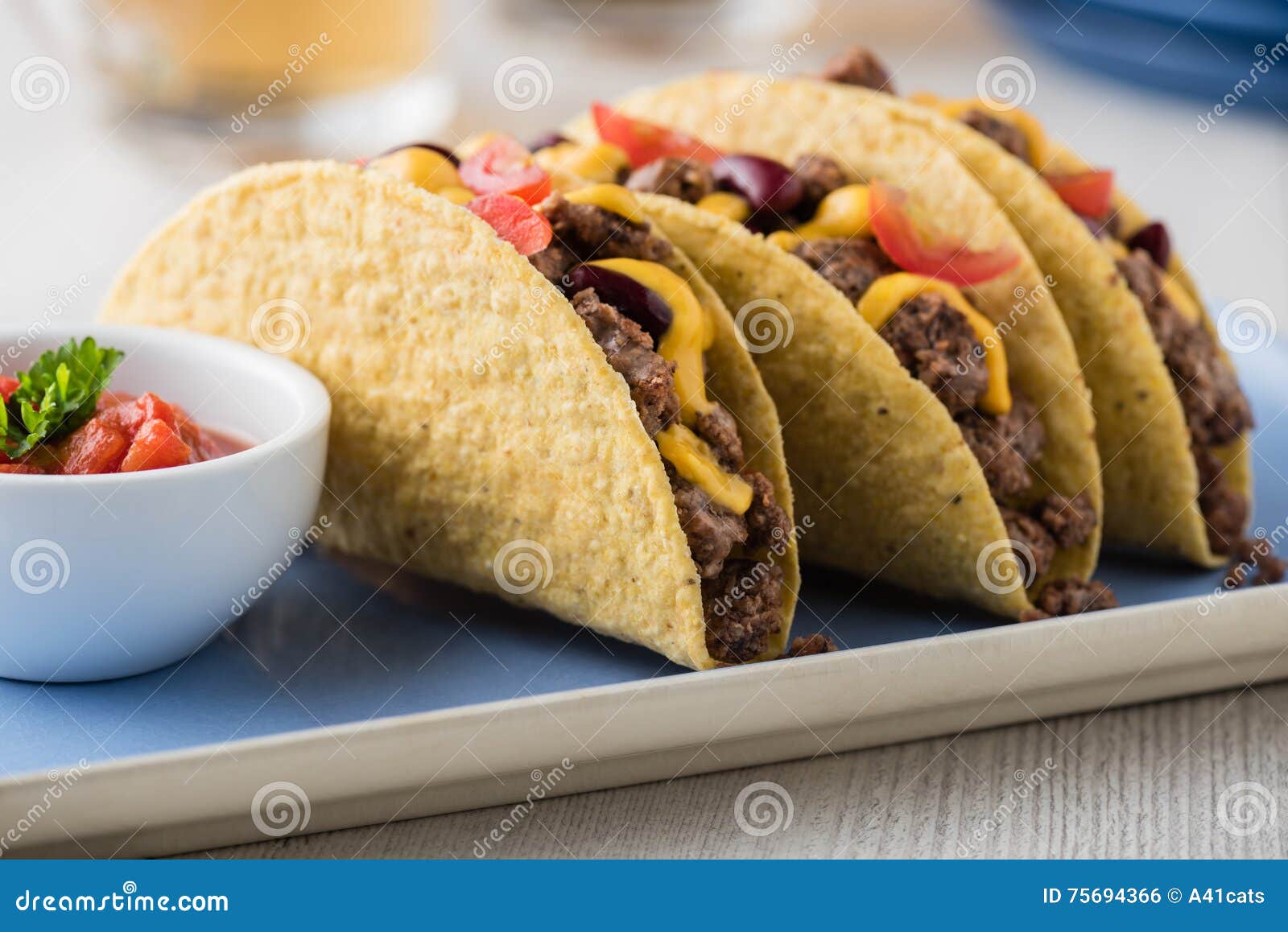 Mexican Tacos with Beef, Cheddar Cheese, Tomato Stock Photo - Image of ...
