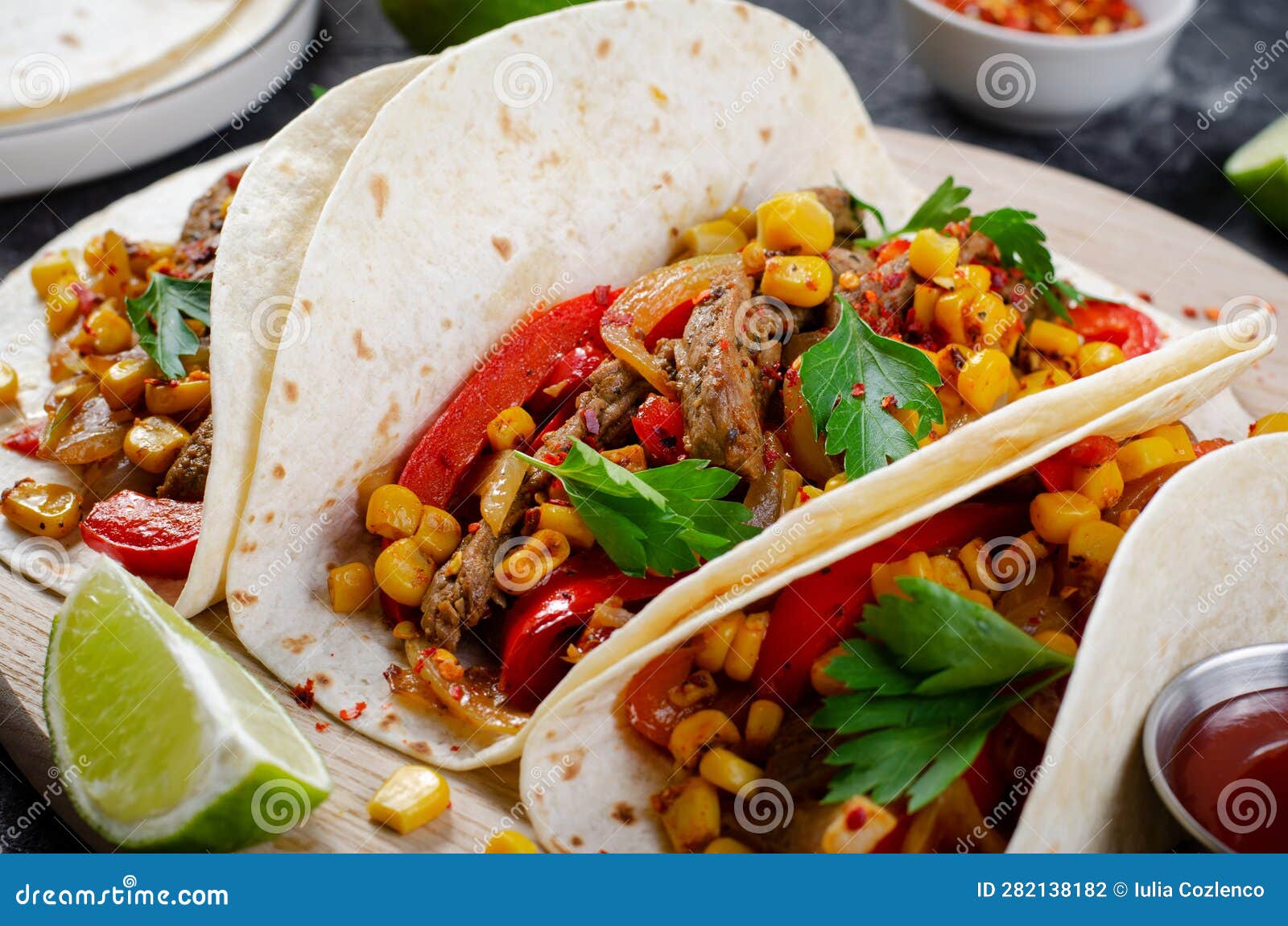 Mexican Tacos with Beef and Vegetables, Tacos Al Pastor on Dark ...