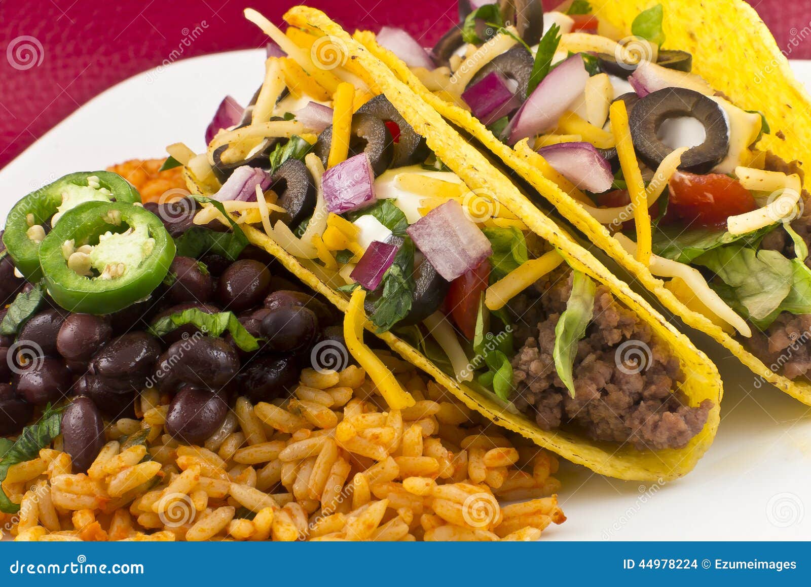 Mexican Tacos with Rice and Beans Stock Photo - Image of jalapeno, meal ...