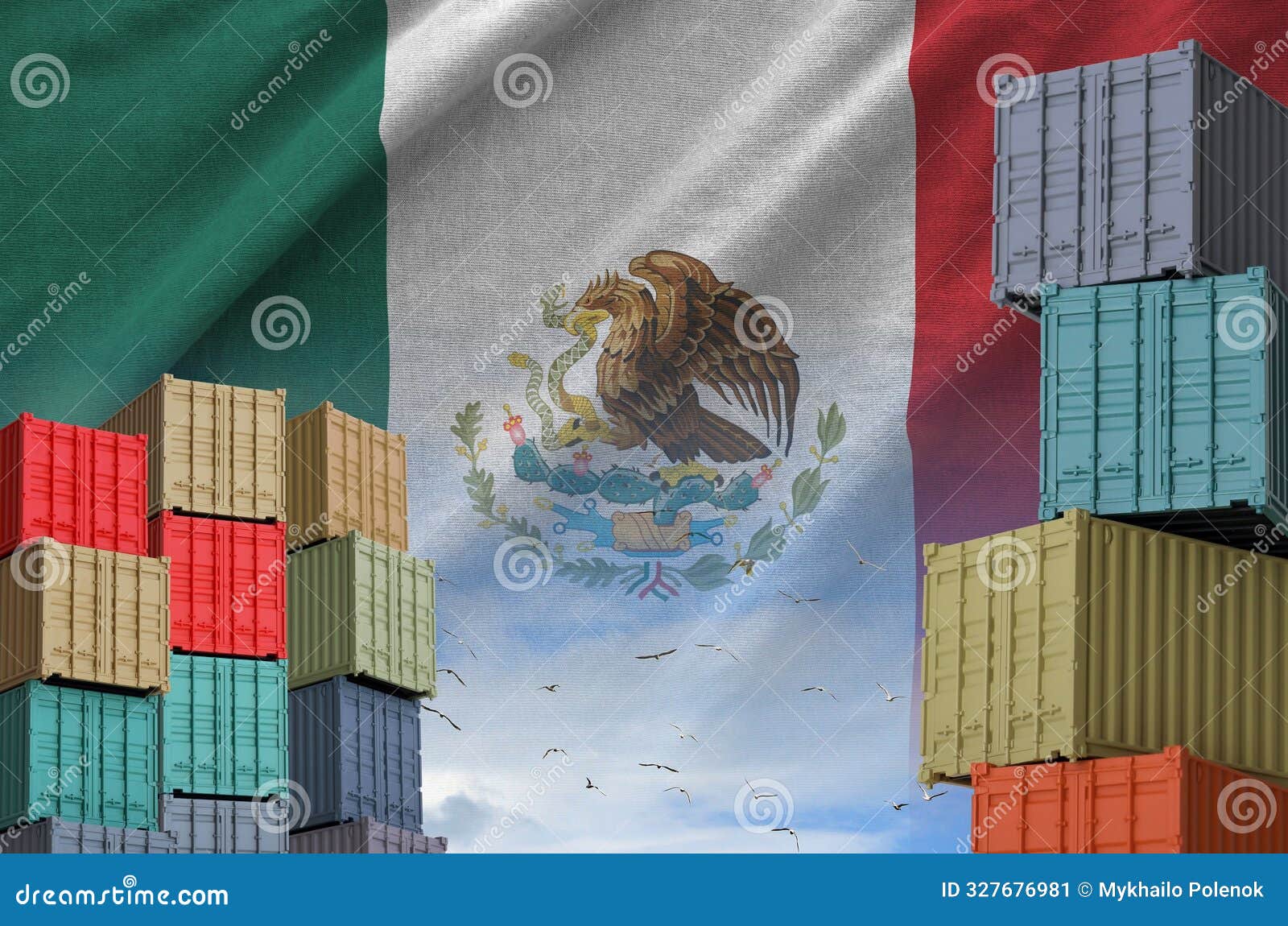 Mexico Flag and Big Stack of Shipping Cargo Containers in Docks with ...