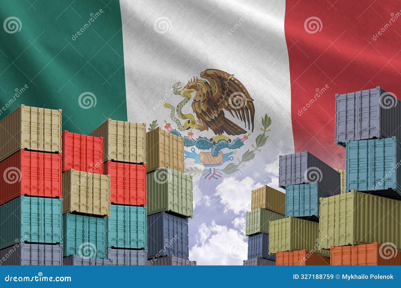 Mexico Flag and Big Stack of Shipping Cargo Containers in Docks with ...