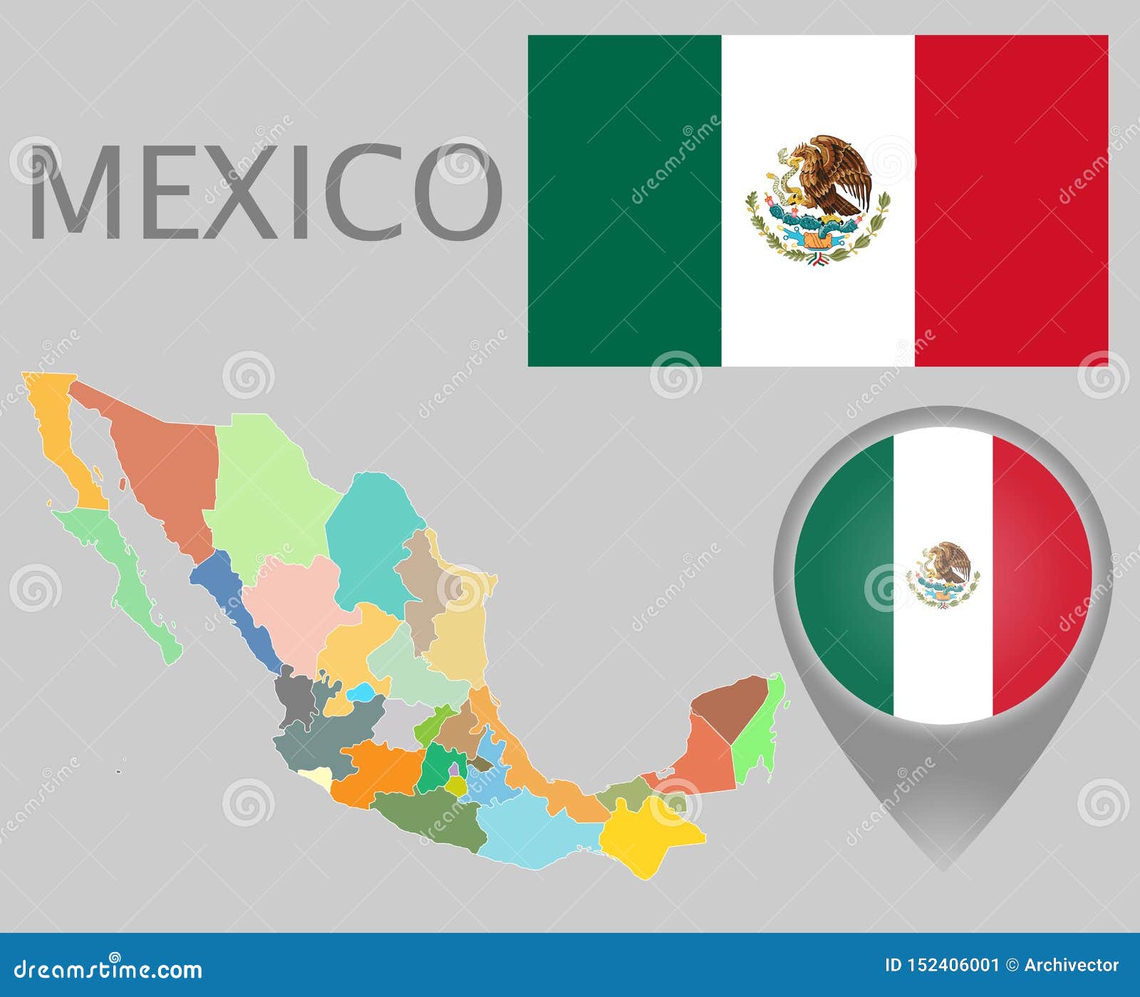 Mexico Flag, Map Pointer and Map with the Administrative Divisions ...