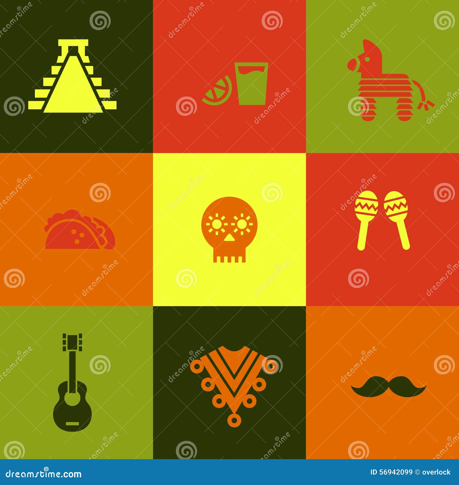 Mexico Icons Set, Cute Mexican Cartoon Symbols Vector Illustration On A ...
