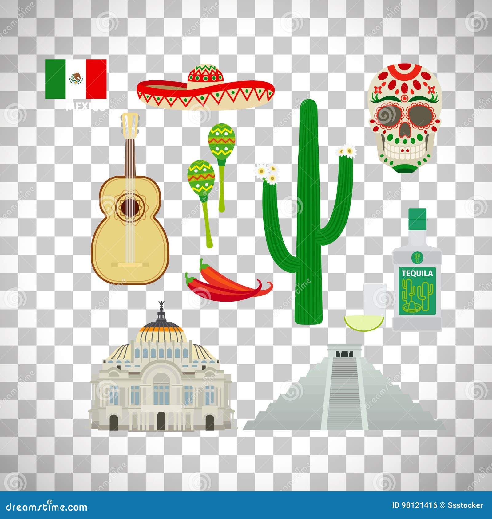Mexico Icons Set on Transparent Background Stock Vector - Illustration ...