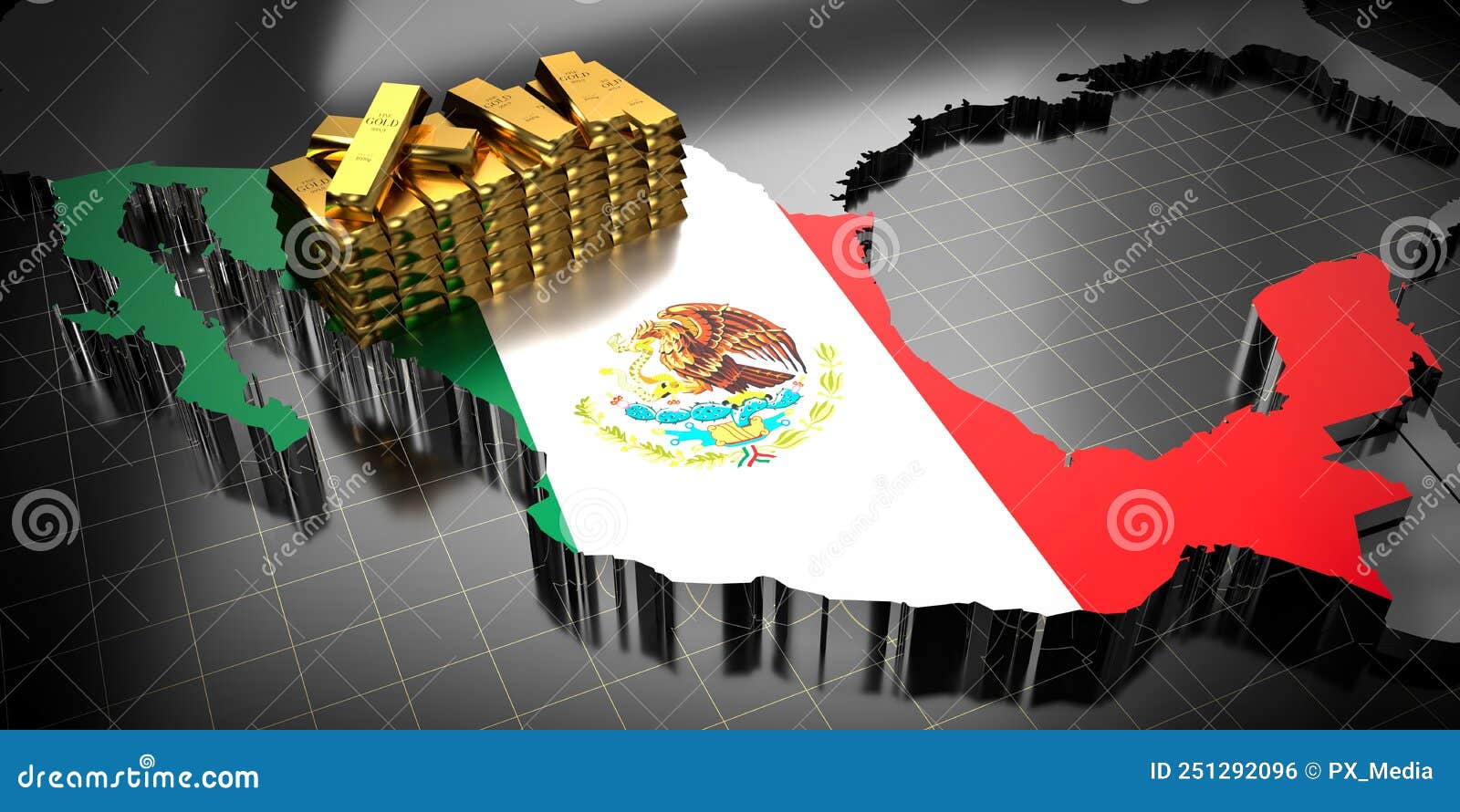 Mexico Map and Flag, Gold Ingots - 3D Illustration Stock Illustration ...