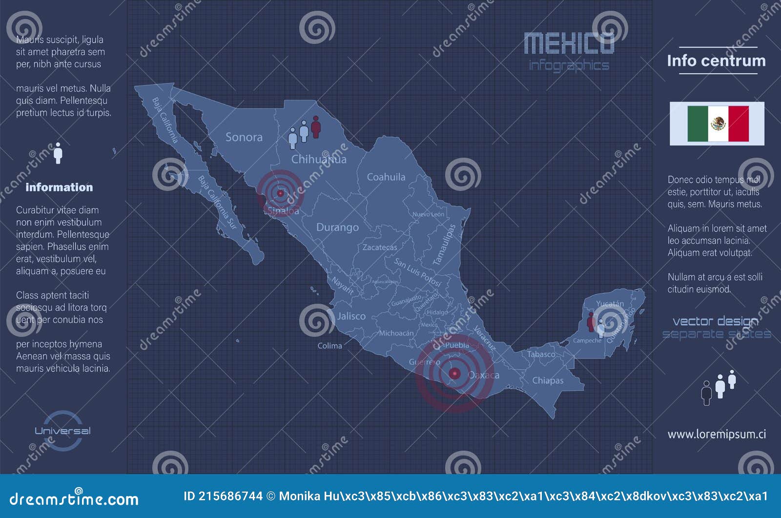 Mexico Map, Separate Regions with Names, Infographics Blue Flat Design ...
