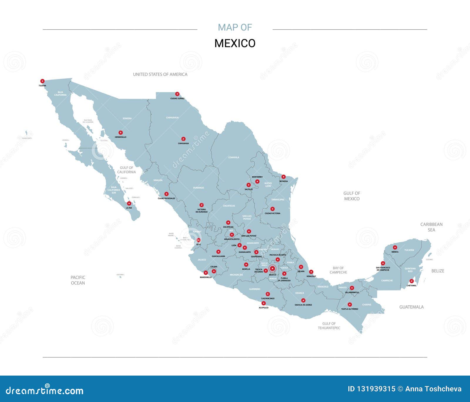 Mexico Map Vector with Red Pin Stock Vector - Illustration of political ...
