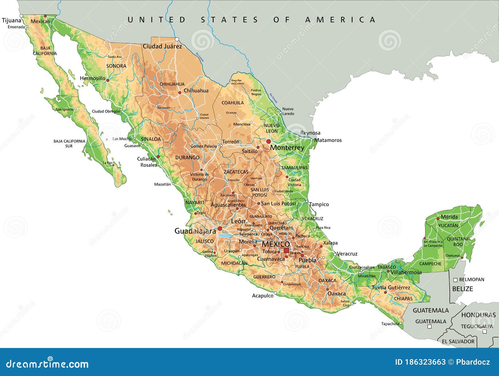 High Detailed Mexico Physical Map with Labeling. Stock Vector ...