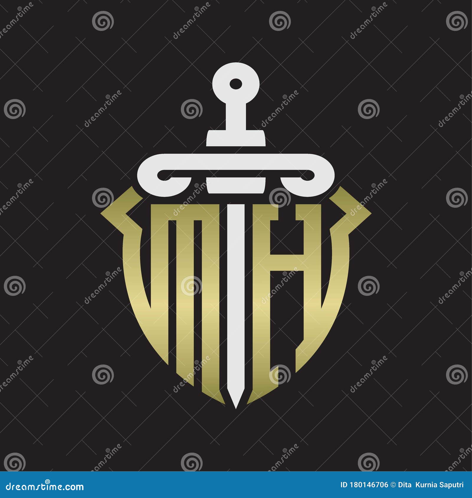 MH Logo Monogram with Sword and Shield Combination Isolated with Gold ...