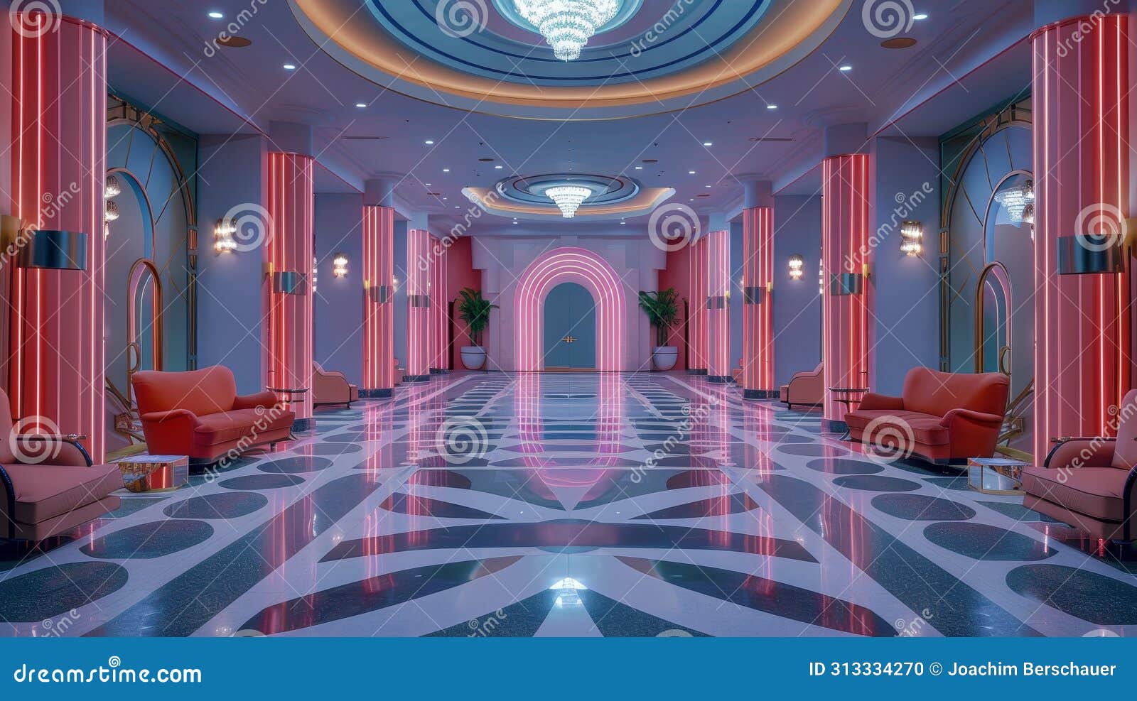 Miami Art Deco Hotel Lobby, Geometric Patterns, Pastel Colors, Dramatic ...
