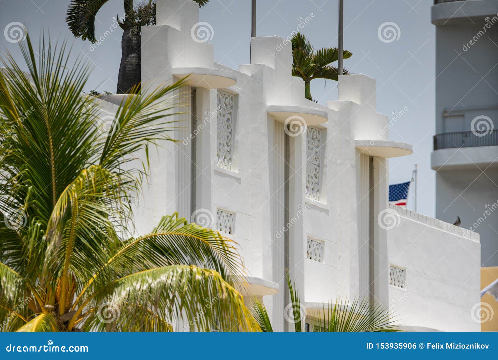 Miami Beach Deco Architecture Buildings and Palm Trees Stock Photo ...