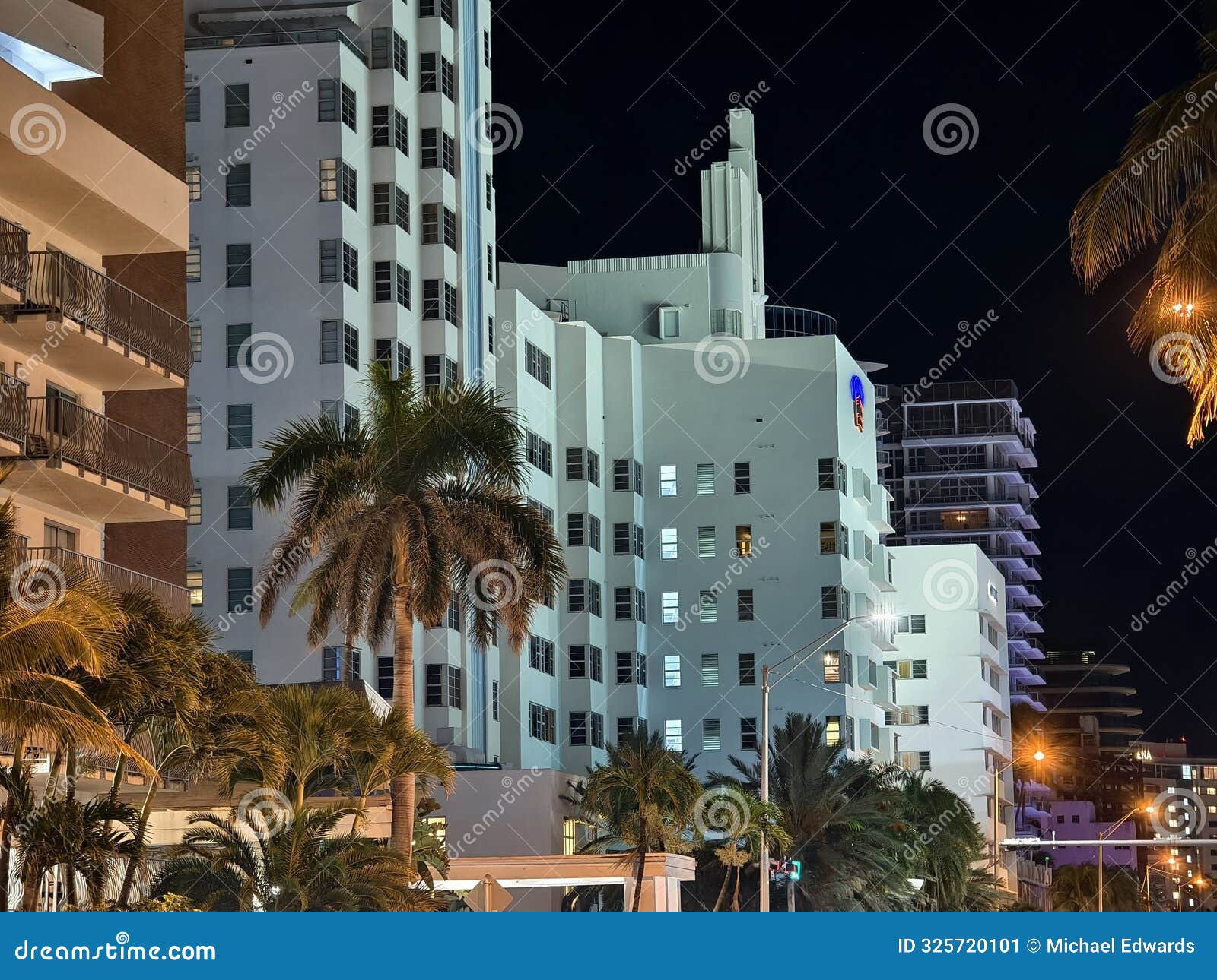 Miami Beach, Florida Night View of Hotels in the Mid-Beach Section of ...