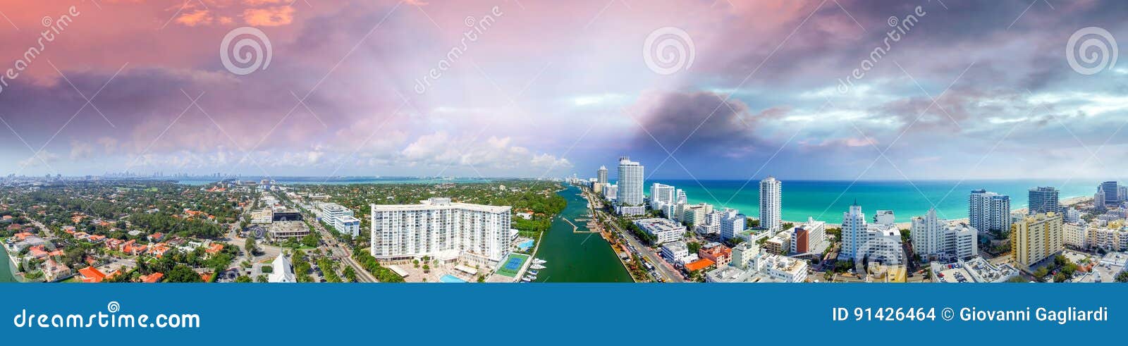 Miami Beach, Florida. Panoramic Sunset Aerial View Stock Photo - Image ...