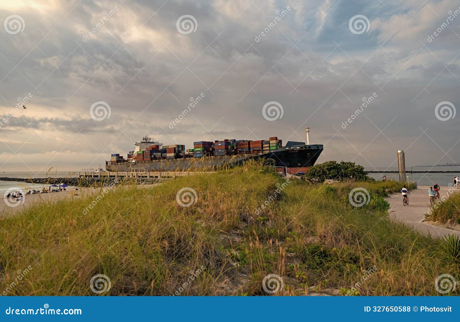 Miami Beach, Florida USA - April 18, 2021: Cargo Ship with Containers ...