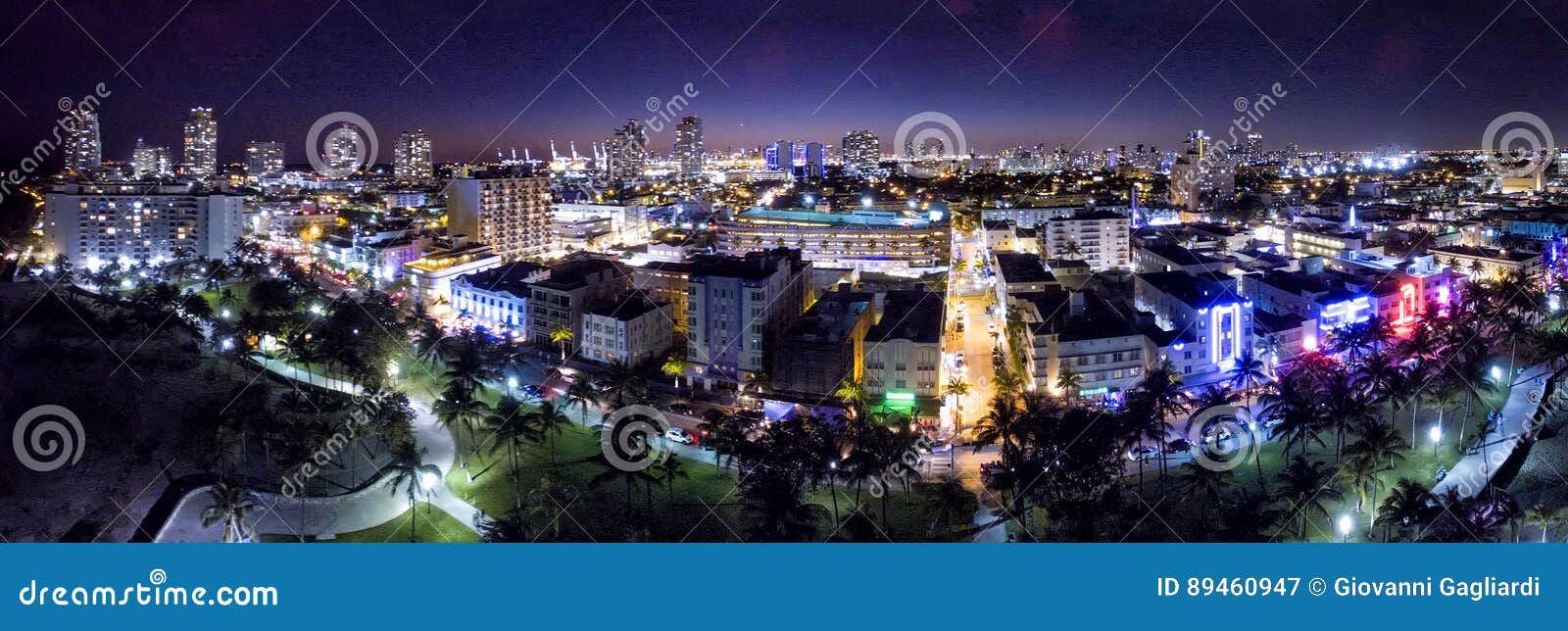 Miami Beach Ocean Drive, Aerial Panoramic Night View Stock Image ...