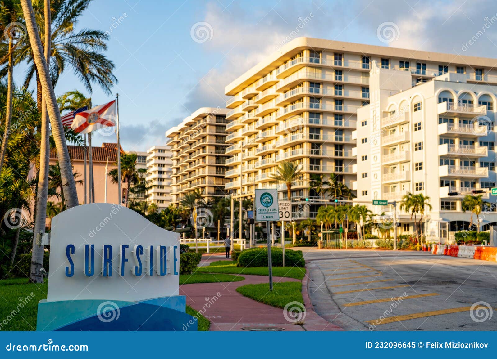 Miami Beach Surfside Sign With View Of Champlain Towers In Background ...
