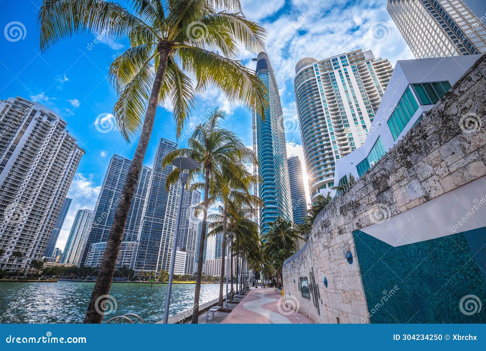 Miami Brickell Waterfront Walkway and Skyline View, Florida Stock Photo ...