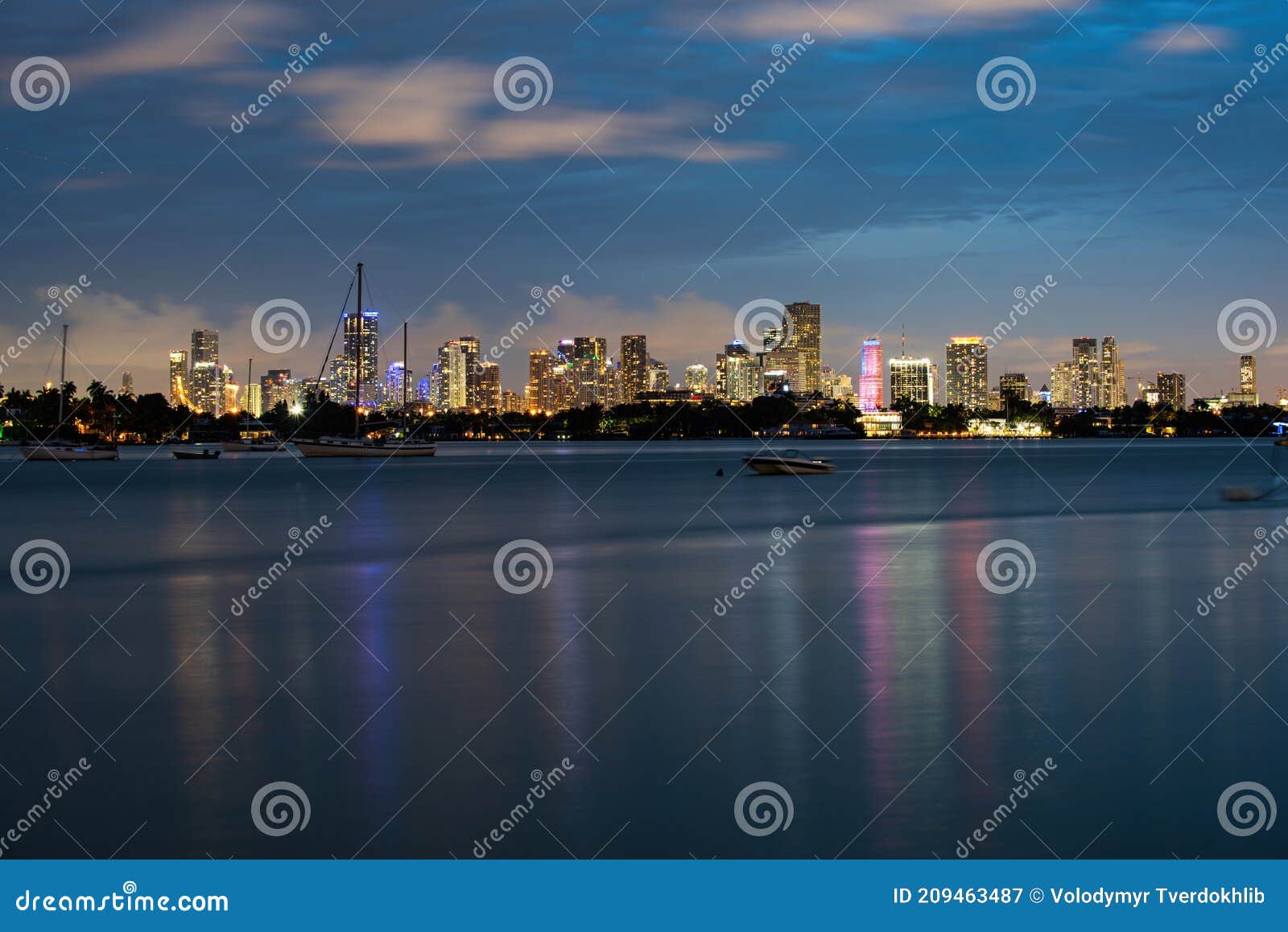 Miami City Night. Panoramic View of Miami Skyline and Coastline. Stock ...