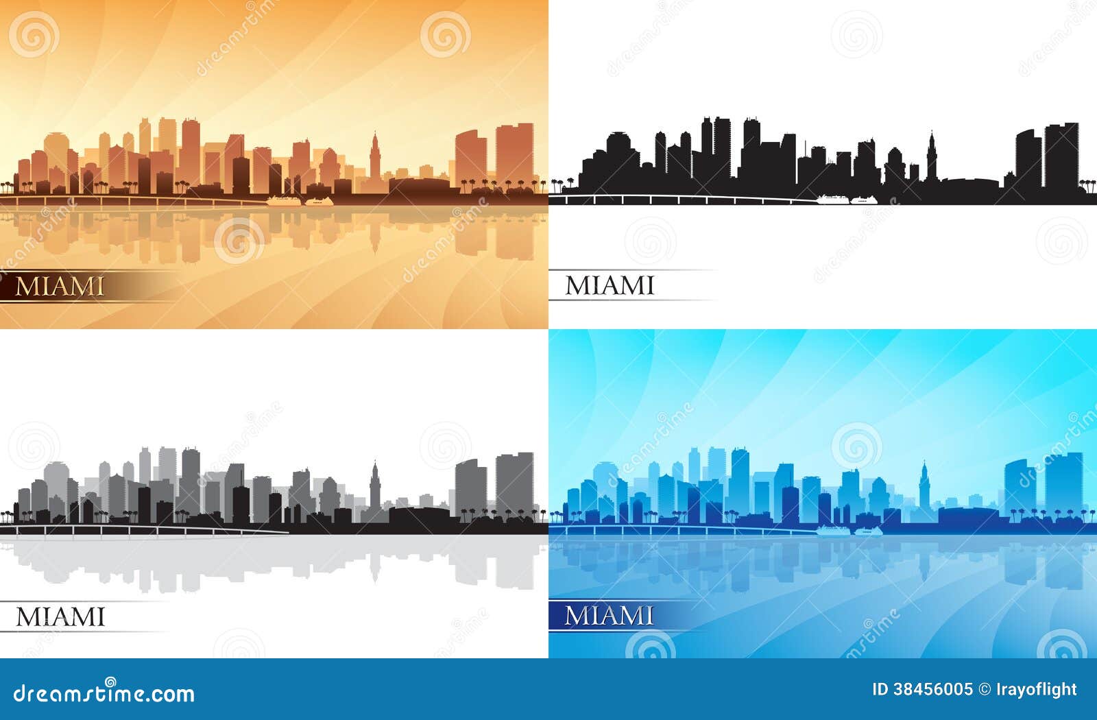 Miami City Skyline Silhouettes Set Stock Vector - Illustration of shore ...