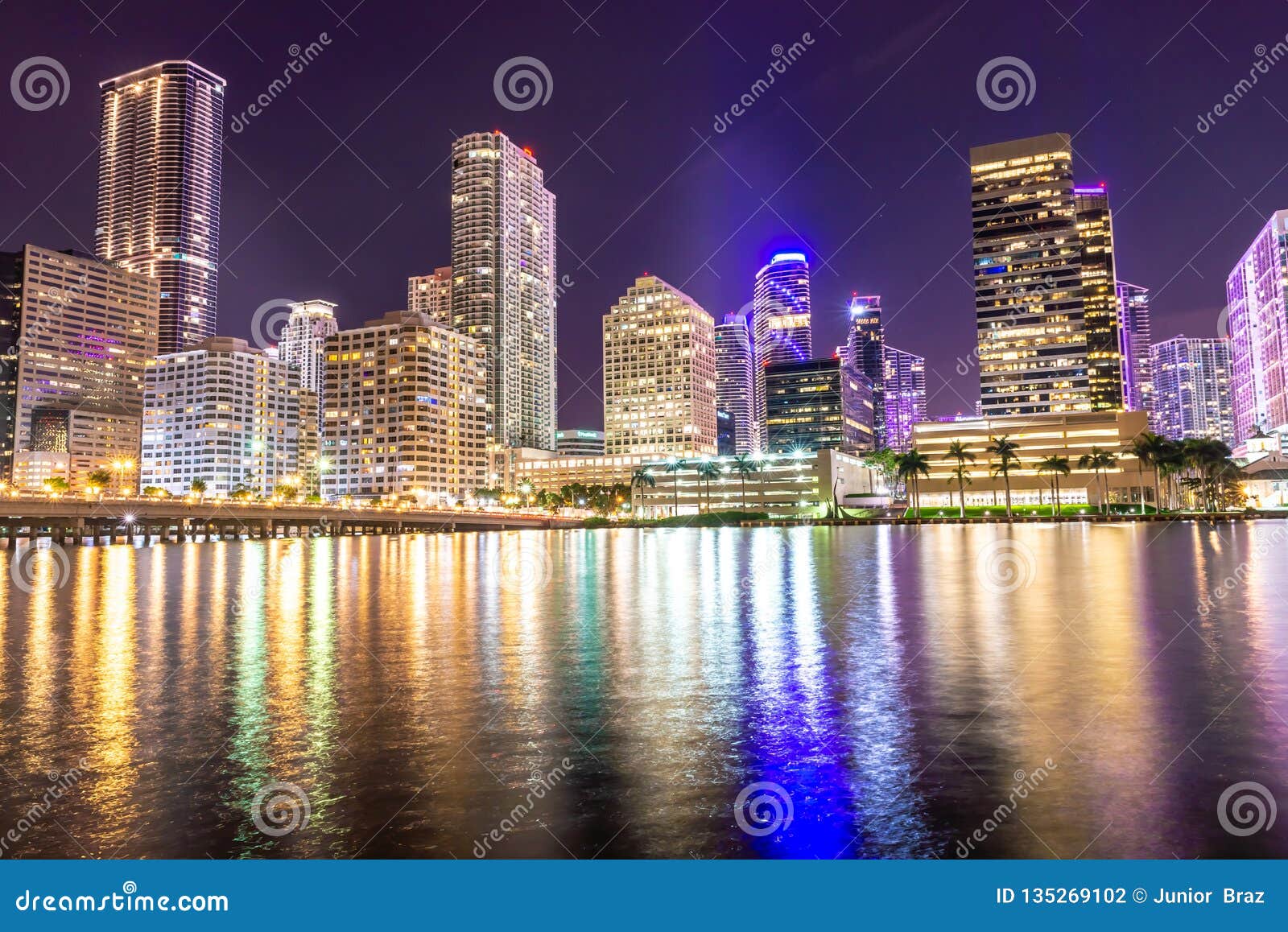 Miami Downtown Skyline Under Bright Night Lights Stock Photo - Image of ...