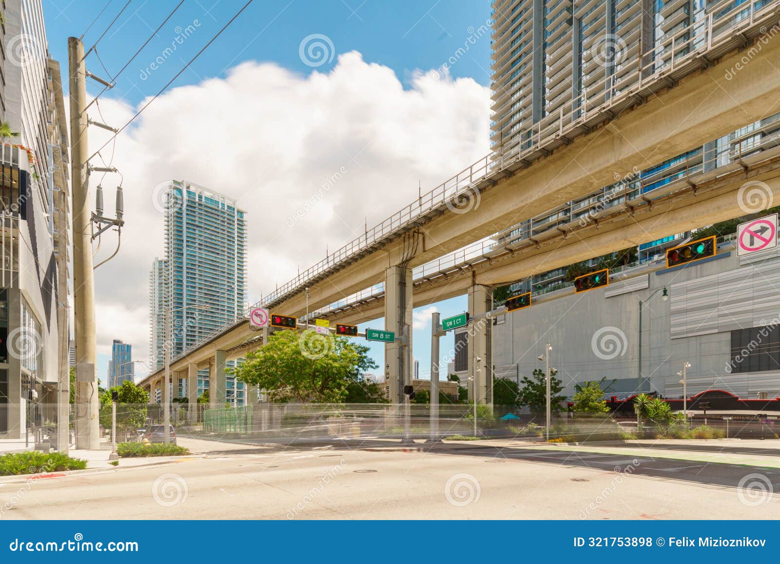 Miami FL USA. View of Brickell Highrise Architecture and Tram Rails ...