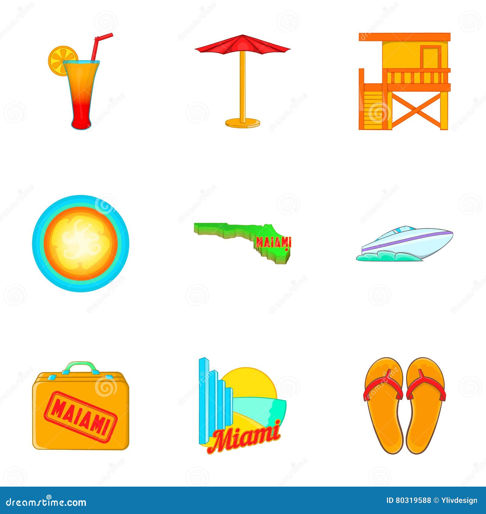Miami Icons Set, Cartoon Style Stock Vector - Illustration of slate ...