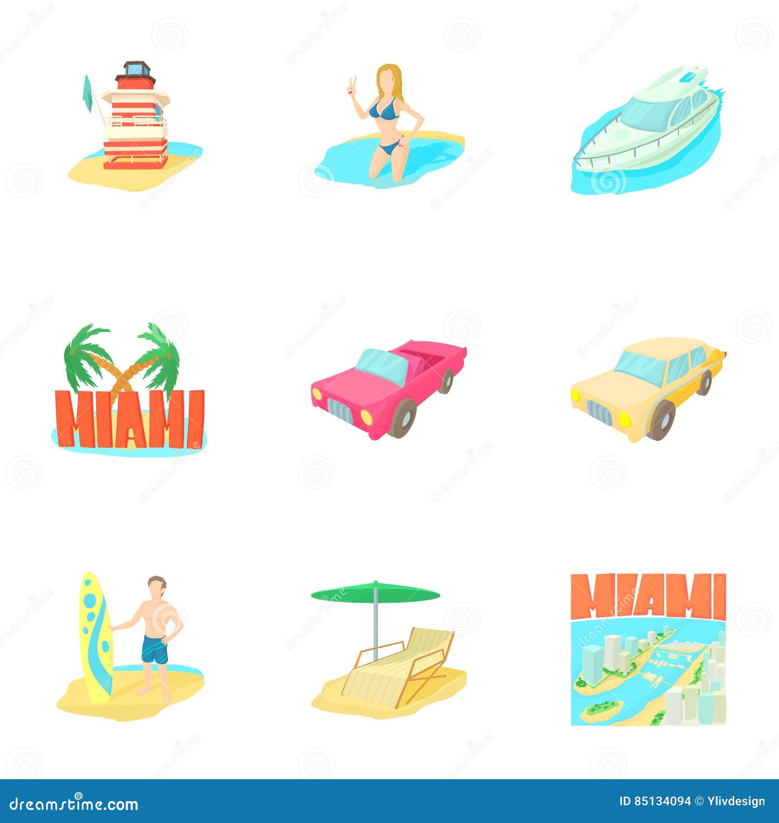 Miami Icons Set, Cartoon Style Stock Vector - Illustration of boat ...