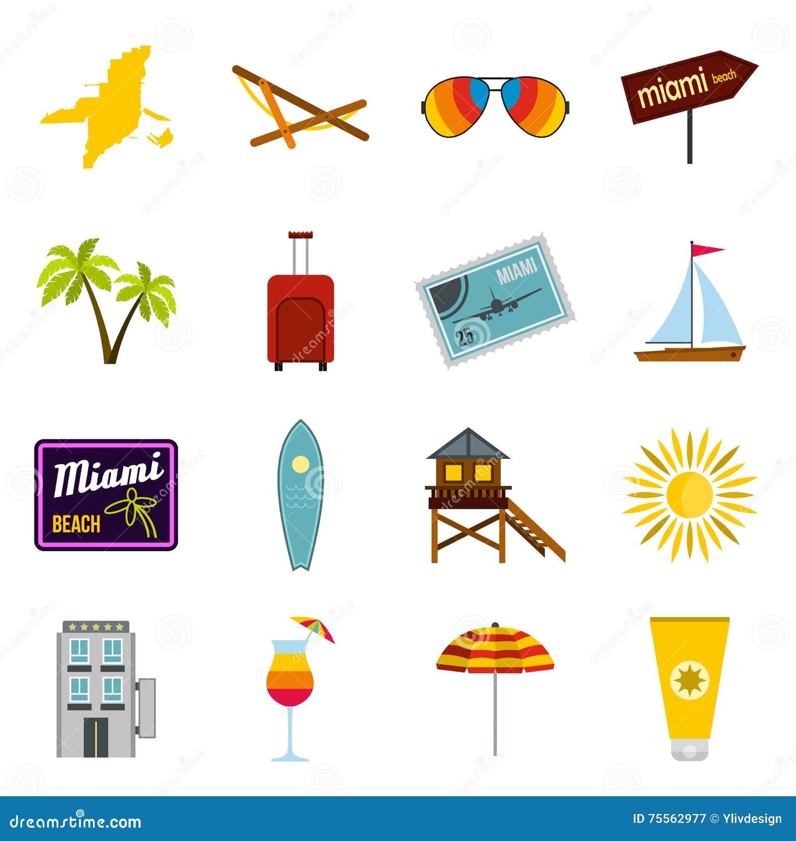 Miami Icons Set, Flat Style Stock Vector - Illustration of idea ...