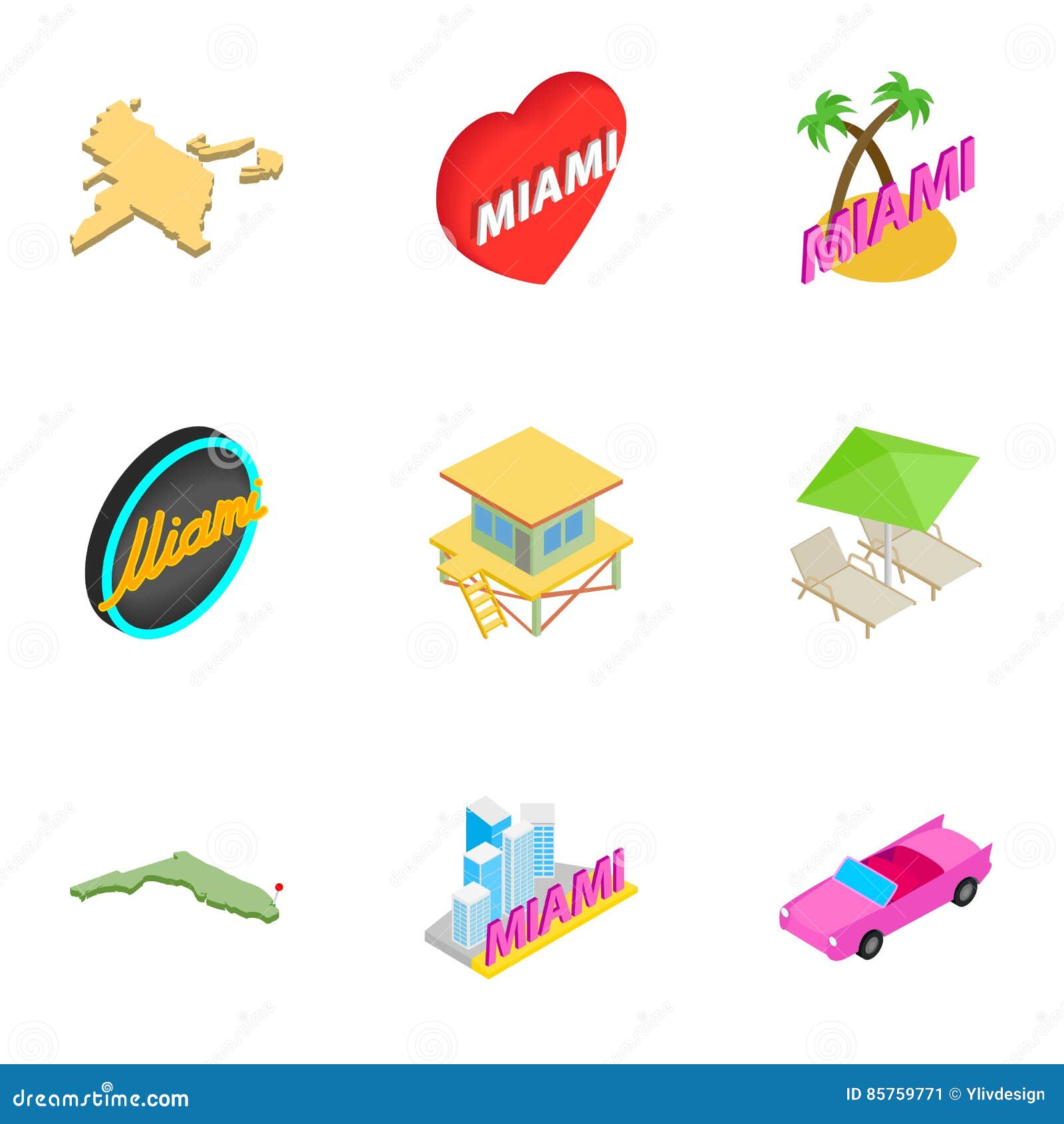 Miami Icons Set, Isometric 3d Style Stock Vector - Illustration of ...
