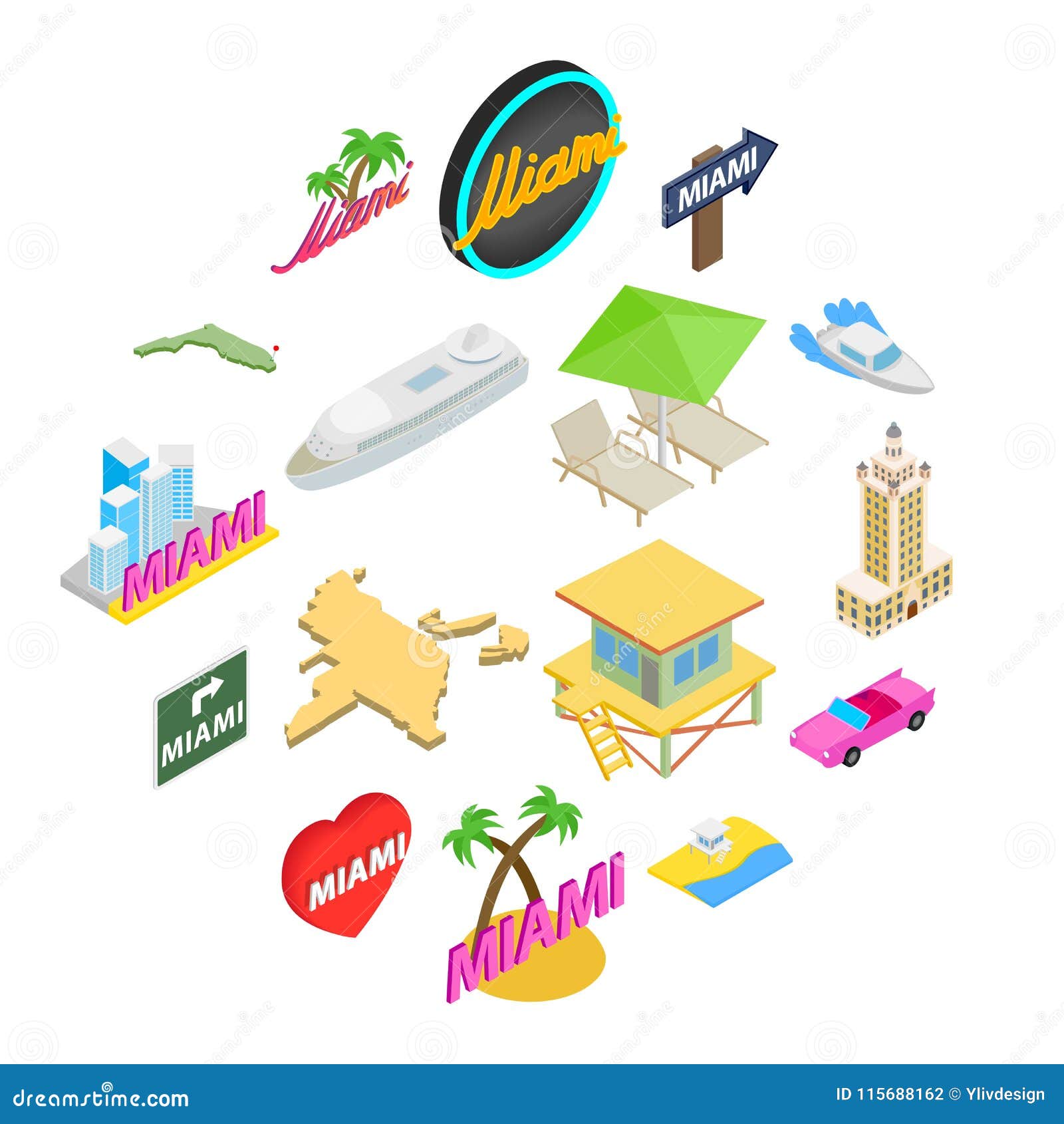 Miami Icons Set, Isometric 3d Style Stock Vector - Illustration of ...