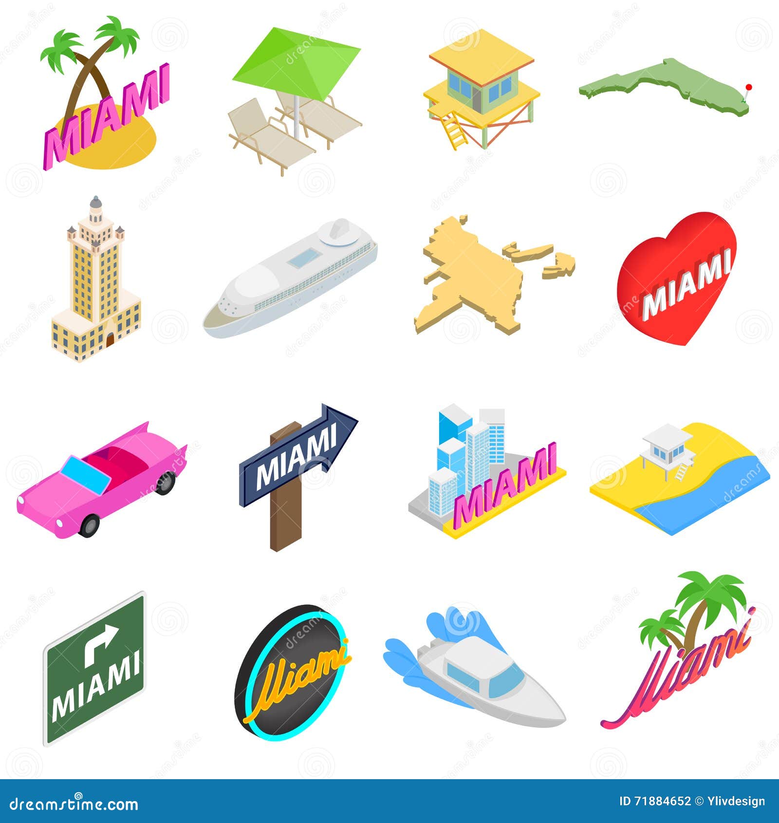 Miami Icons Set, Isometric 3d Style Stock Vector - Illustration of ...