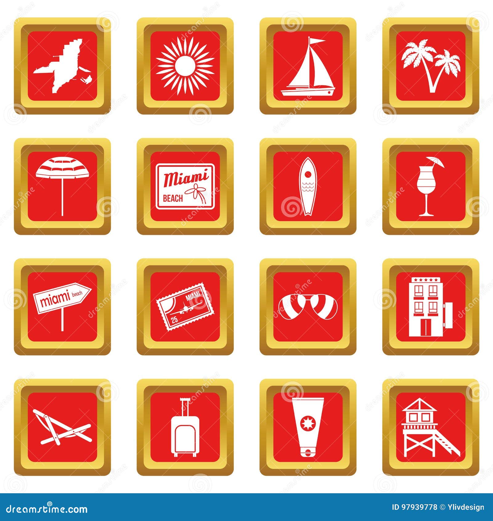 Miami icons set red stock vector. Illustration of city - 97939778