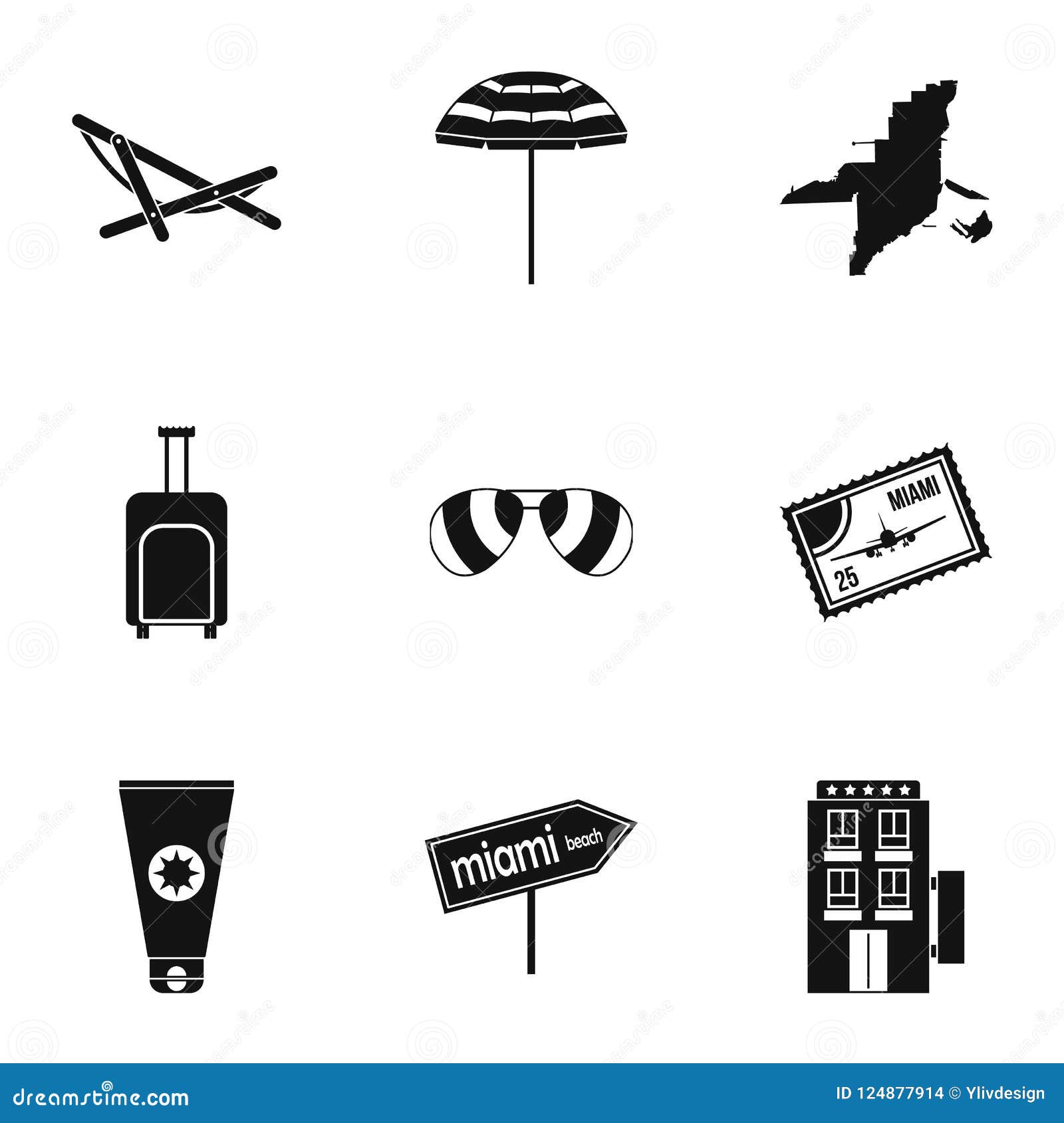 Miami Icons Set, Simple Style Stock Illustration - Illustration of ...