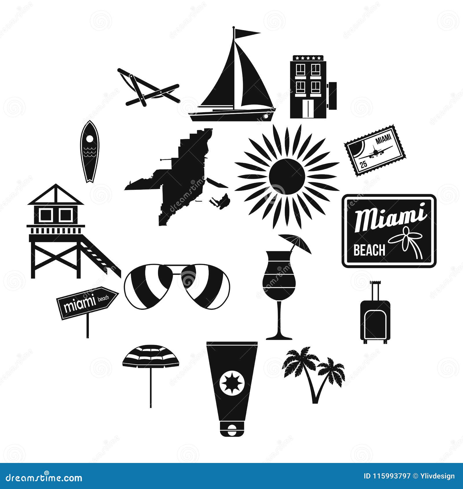 Miami Icons Set, Simple Style Stock Vector - Illustration of ...