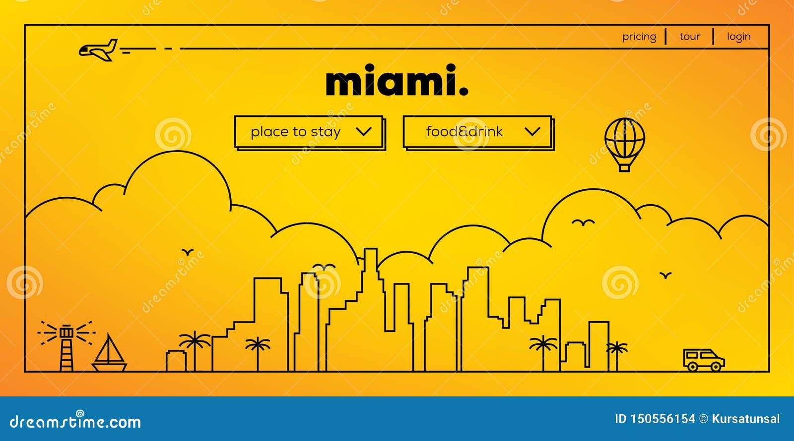 Miami Modern Web Banner Design with Vector Linear Skyline Stock ...