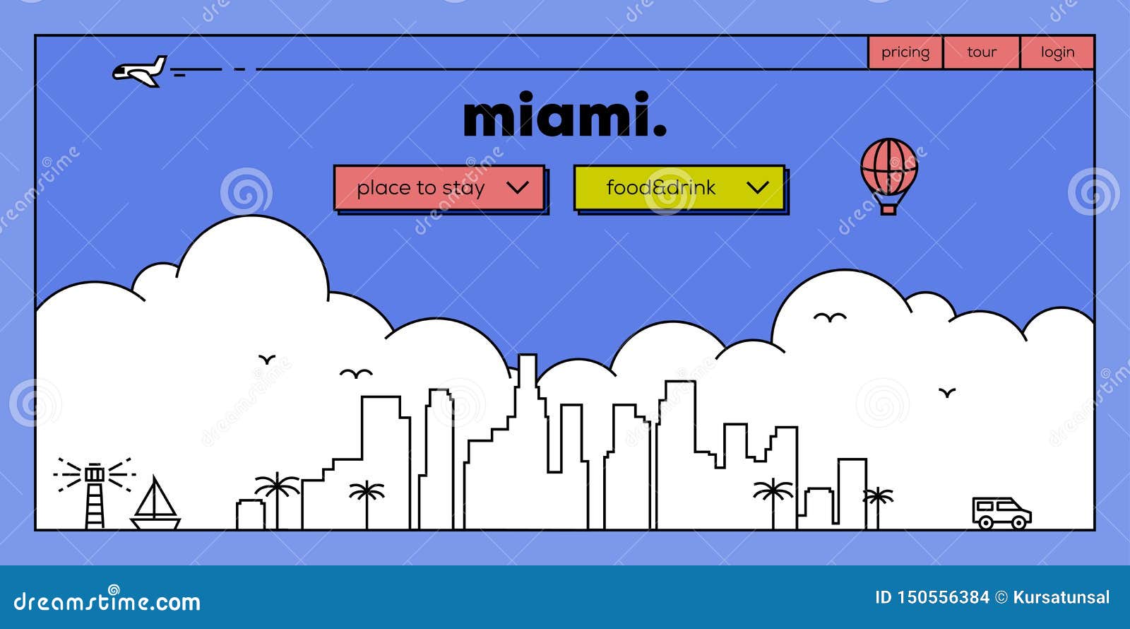 Miami Modern Web Banner Design with Vector Linear Skyline Stock ...