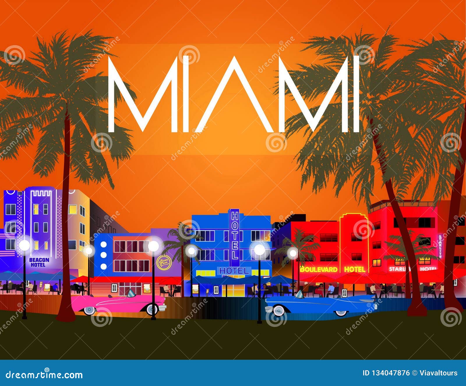 Colorful Miami Vector. Ocean Drive, Art Deco, Palms and Old Cars ...