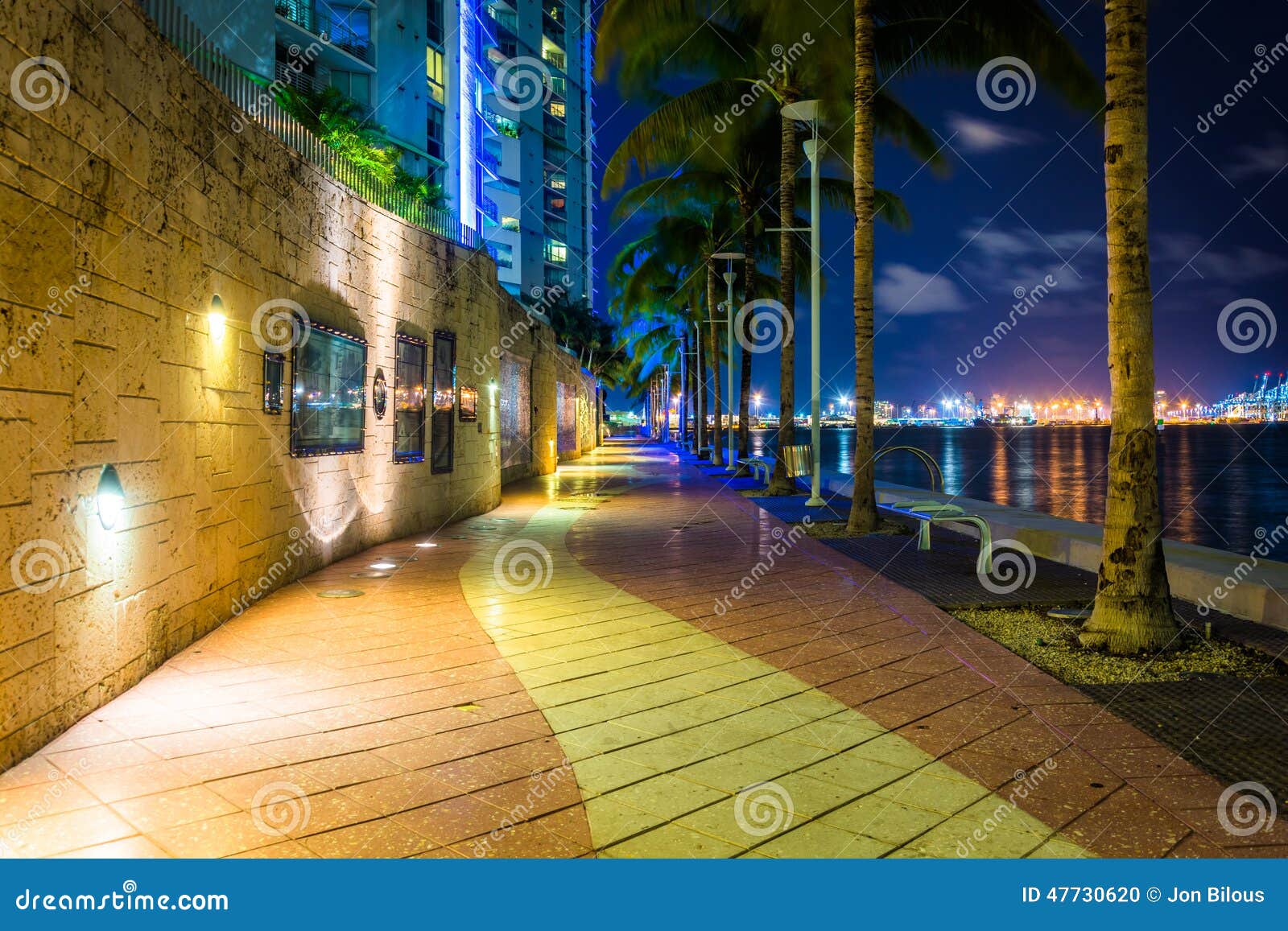 The Miami River Waterfront at Night, in Downtown Miami, Florida. Stock ...