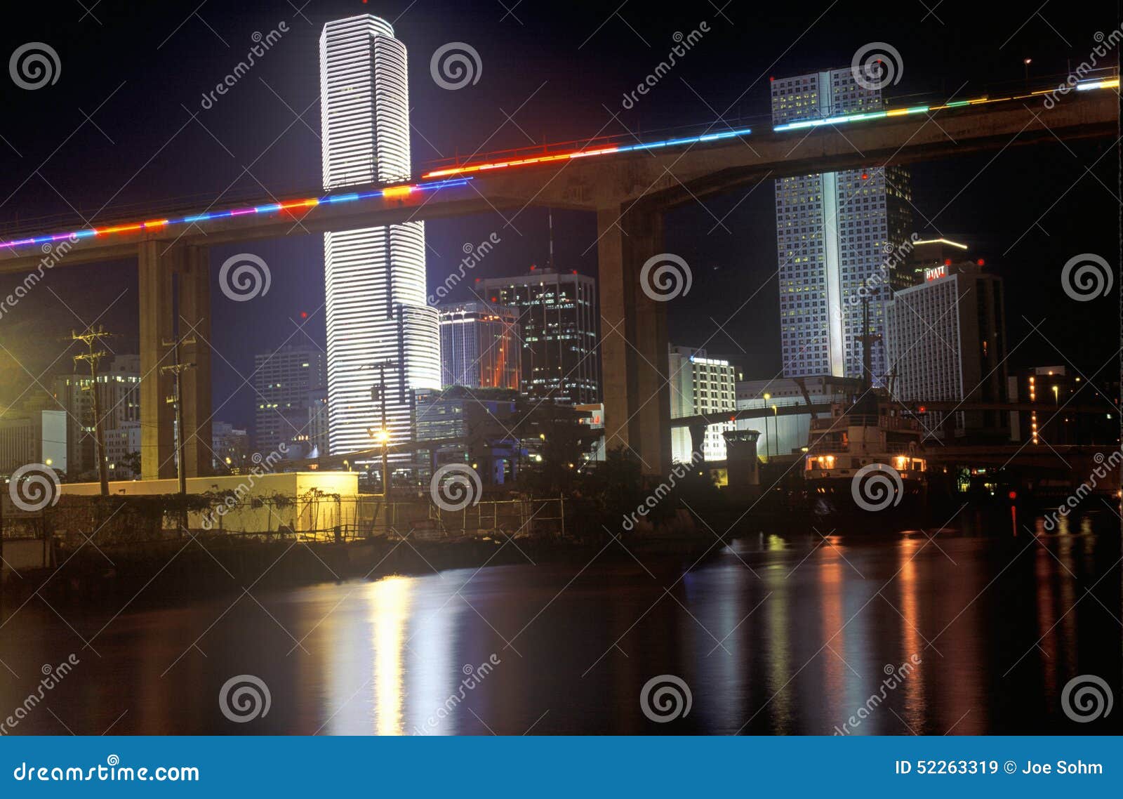 Miami Skyline by Night, Centrust Building and Metro Rail, Miami ...