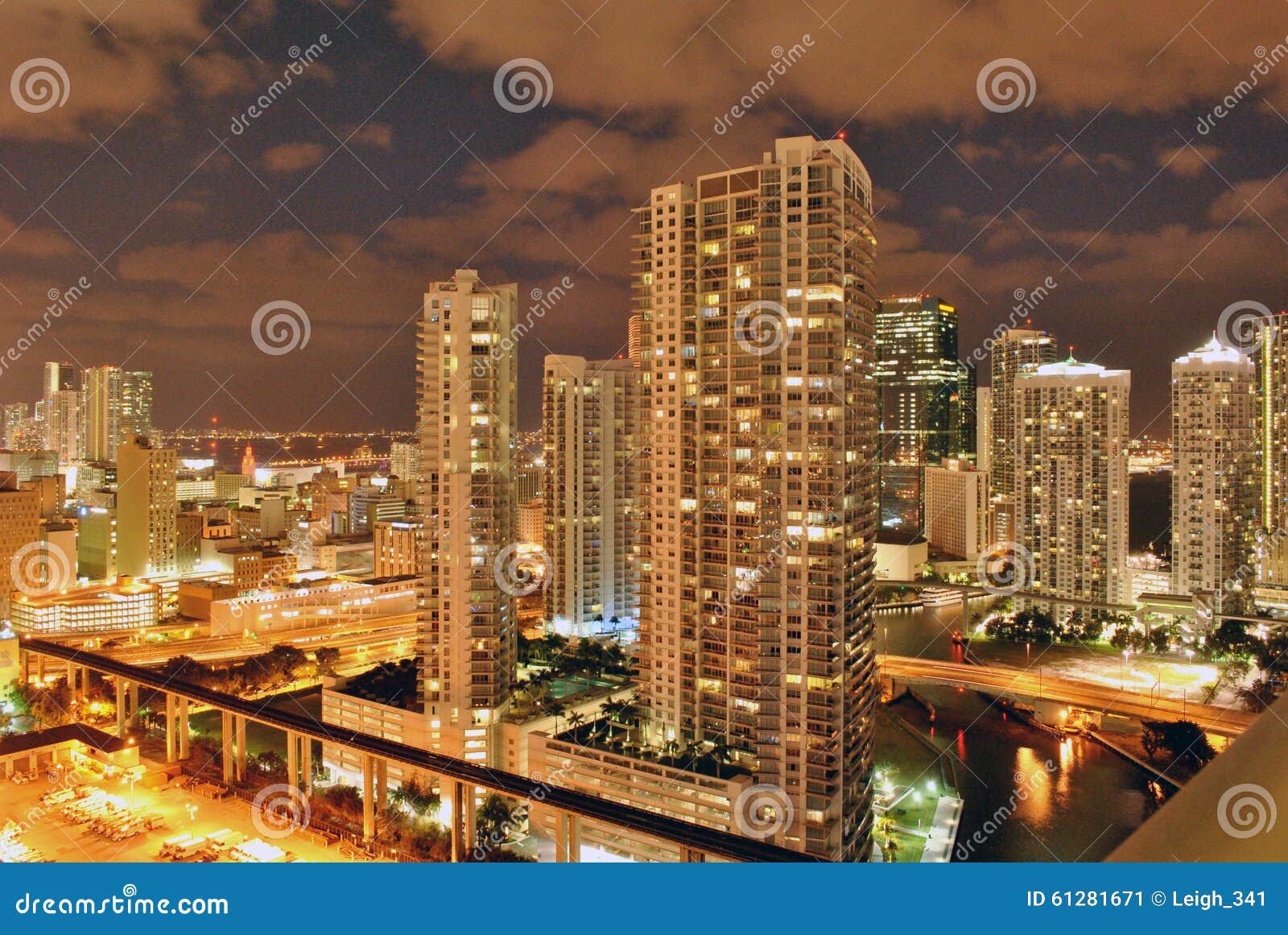 Miami Skyline at night stock image. Image of architecture - 61281671