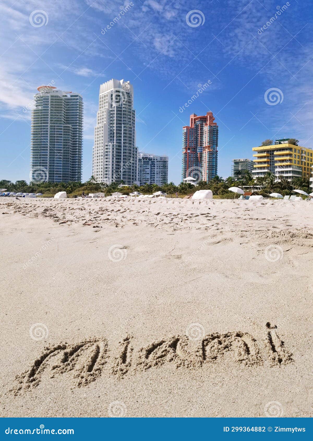 Miami Text Written in the Sand in South Beach with Skyline in the ...